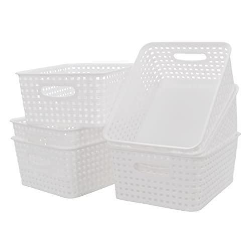 Saedy 6 Packs Plastic Weave Pantry Storage Baskets Bin, 10.03" x 7.59" x 4.09", White