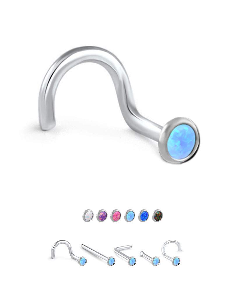 316L Surgical Steel Right Nose Screw Nose Stud Ring 2mm Faux LightBlue Opal Stone 20G
