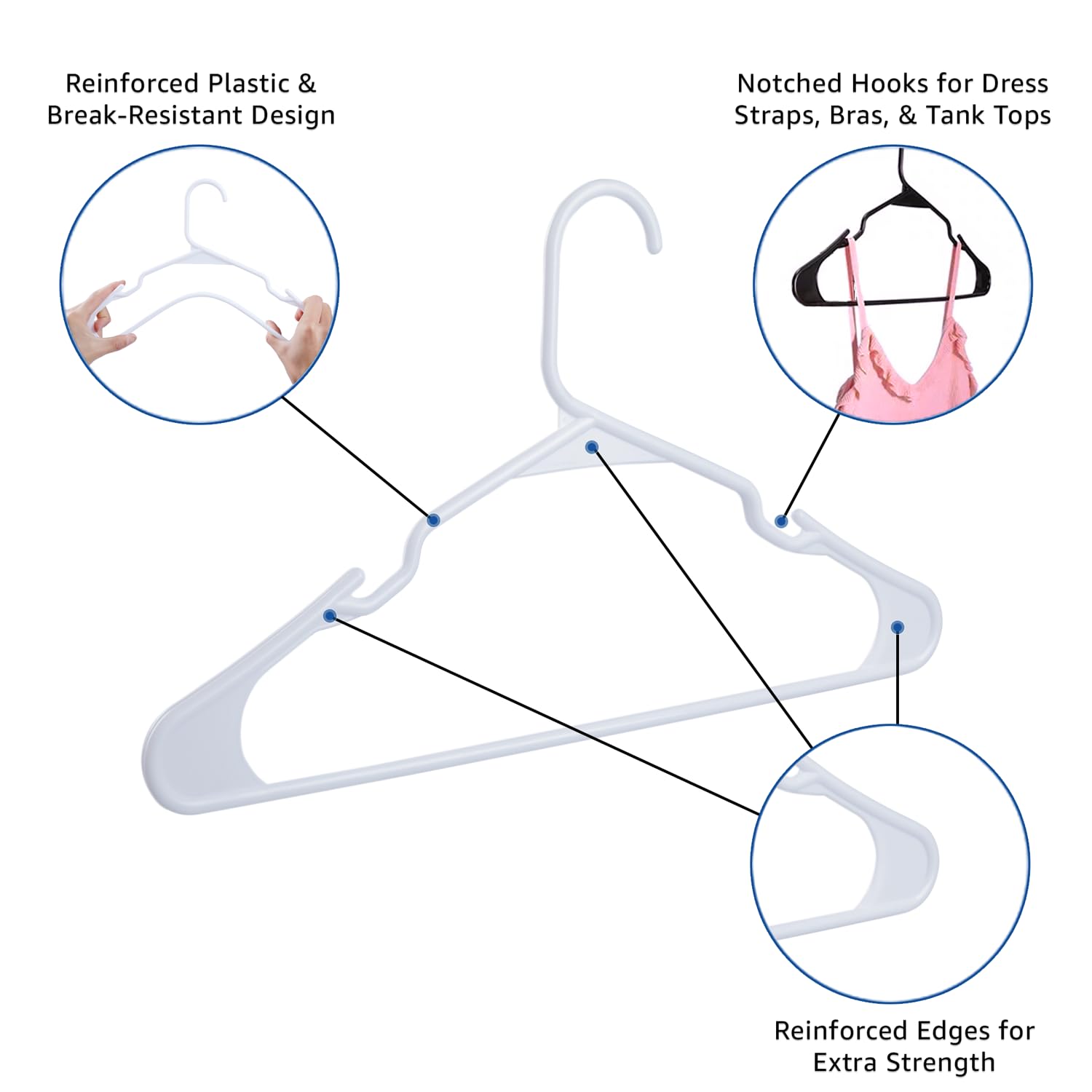 Our Modern Space 100 Pack Adult Plastic Hanger for Shirt Pants Coats Dresses Skirts Suits Jackets - Standard Thick Coat Hanger - Sturdy & Durable Design with Shoulder Grooves Hook - White