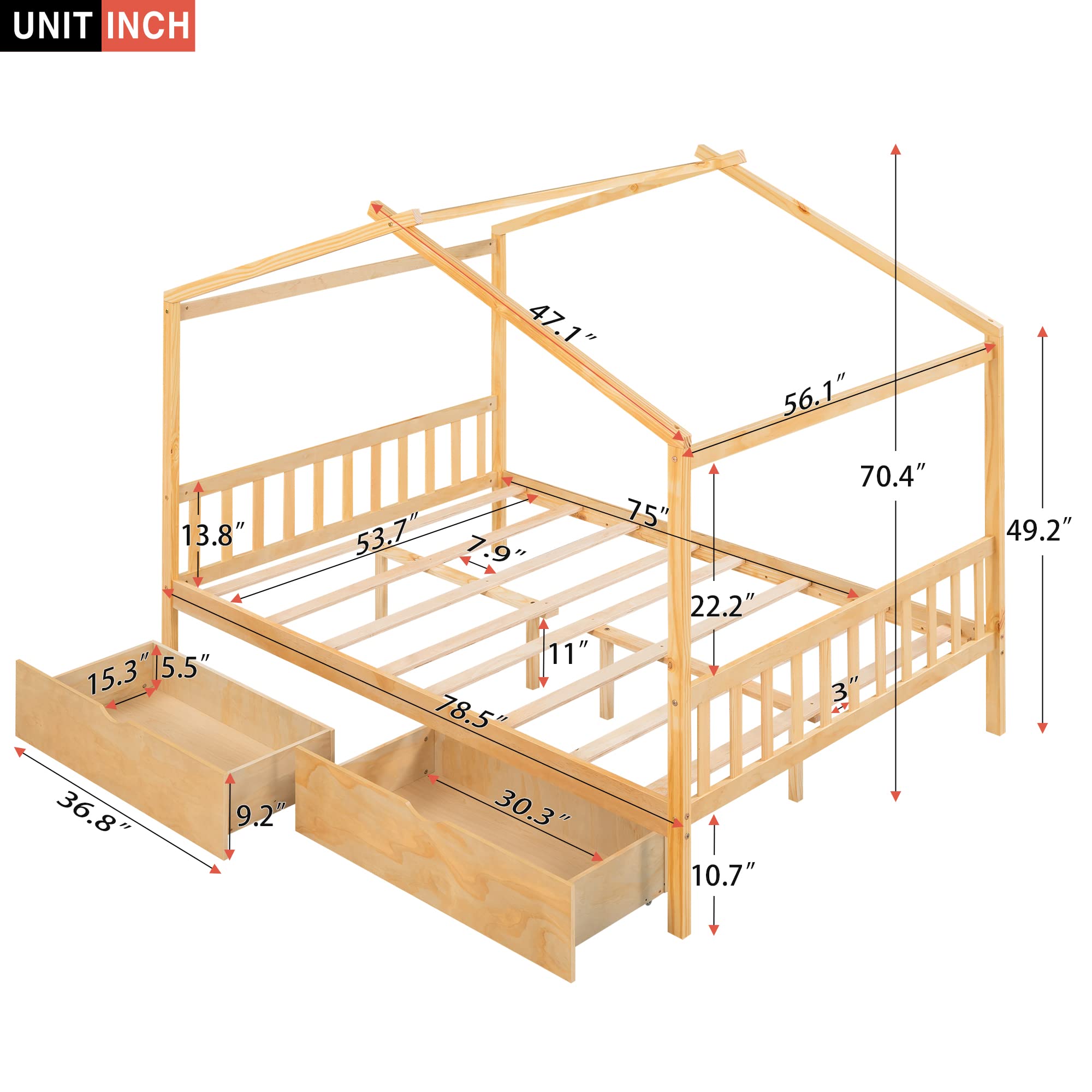 Harper & Bright Designs Full Size House Bed for Kids, Montessori Bed, Wood Full Platform Bed Frame with 2 Storage Drawers, Headboard and Footboard, Full Storage Bed for Kids, Girls & Boys, Natural
