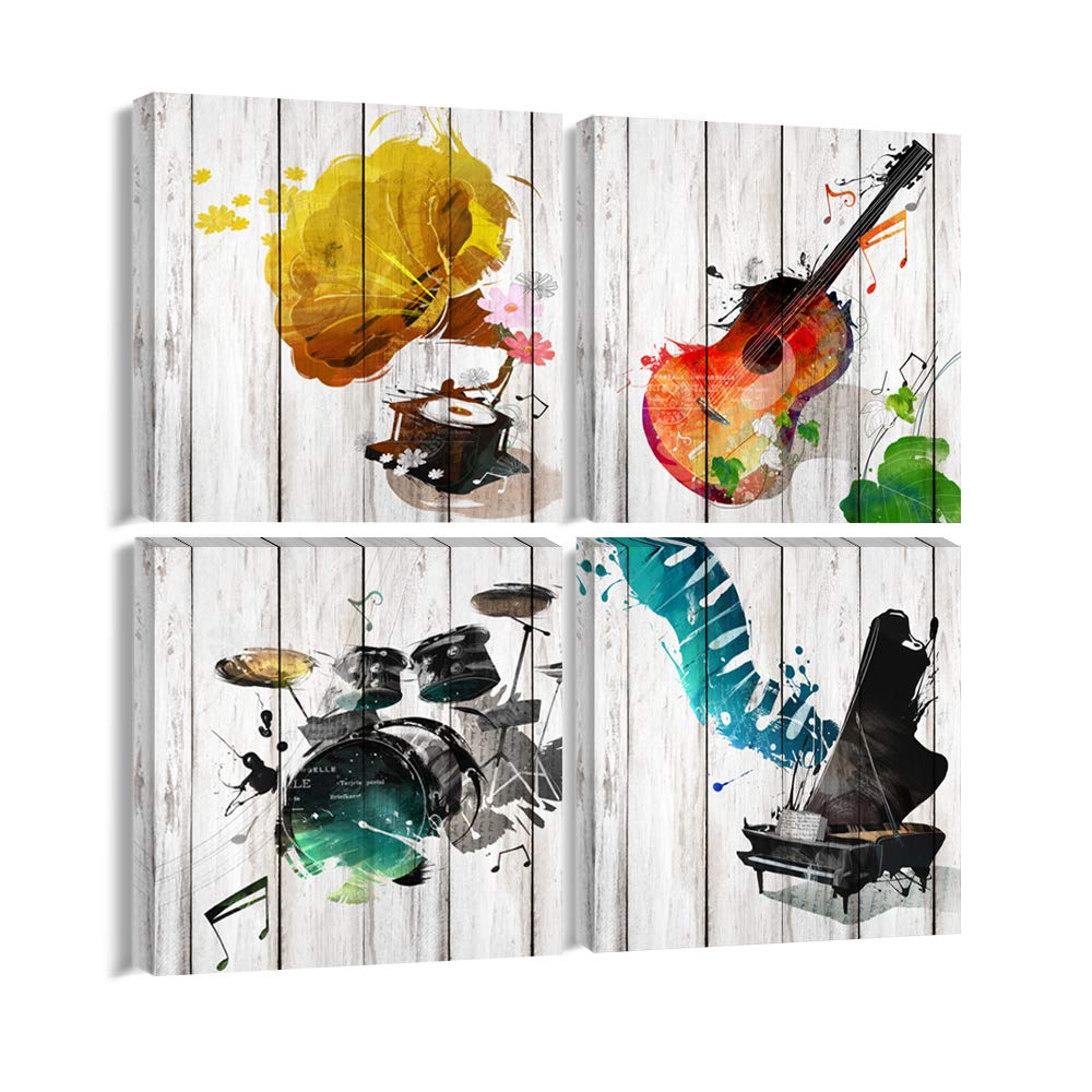 4 Pieces Music Canvas Wall Art Guitar Piano Phonograph and Drum Set Paintings Prints Wooden Style Gift for Music Lover Wall Decor for Music Studio Living Room Bedroom Home decor Framed Ready to Hang
