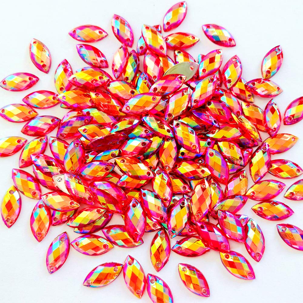 300pcs AB Horse Eye Shape Crystal Clear Sew On Acrylic Rhinestones Flatback Fancy Stones Sewing for Clothing Dress Decorations 7X15MM (Red)
