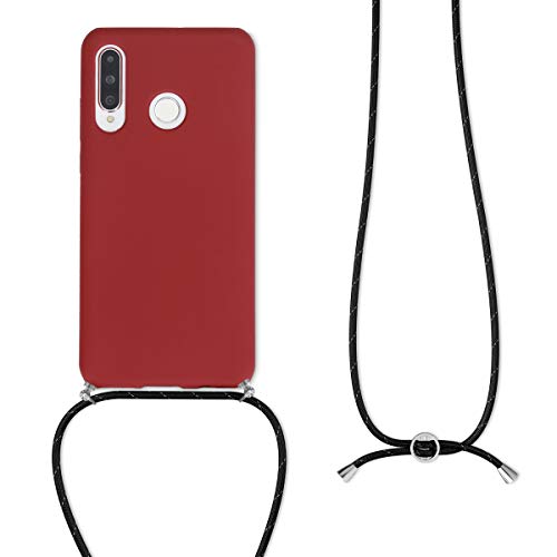 kwmobile Crossbody Case Compatible with Huawei P30 Lite - TPU with Silicone Coating Cover with Neck Cord Lanyard Strap - Dark Red/Black