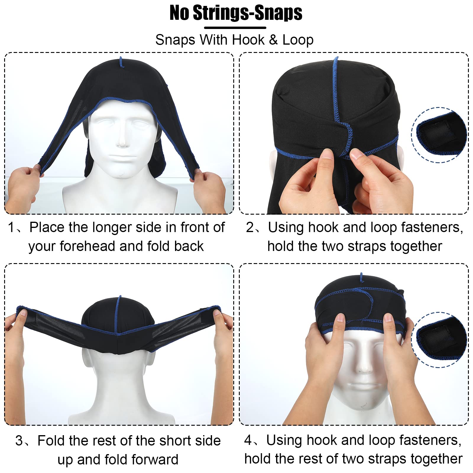 4 Pieces No Strings Snaps Stringless Durag Compressing Cap with Hook and Loop Skull Cap Wave Cap Cooling Helmet Liner Breathable Men Durag Sweat Wicking Durag Cap Cycling Stocking Black for Men Women
