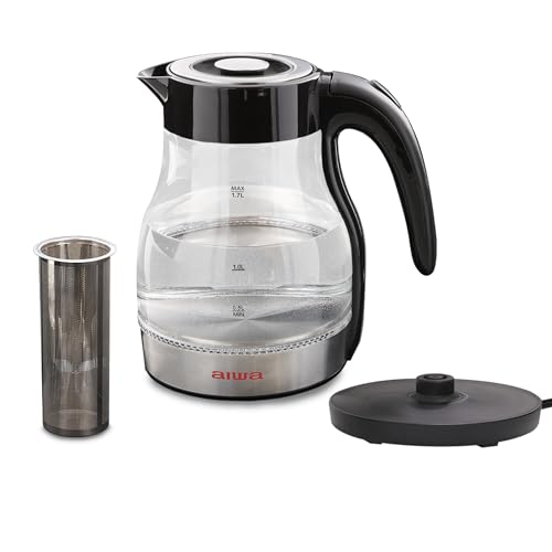 Aiwa 2 in 1 Black Infusion Kettle, Boil and Brew with Removable Stainless Steel Tea Infuser, 7 Cup or 1.7 Liter Capacity, LED Indicator Light, Auto-Shutoff & Boil-Dry Protection, Black