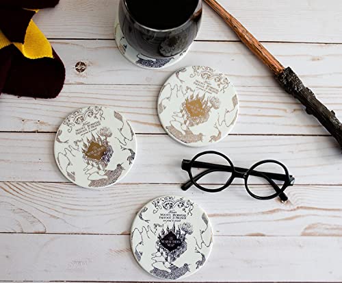Harry Potter Coasters, Set of 4 Marauders Map Ceramic Coaster Set – Protect Tables from Drink Cups and Glasses – Perfect Harry Potter Gifts for Women and Men – White with Gold Plated Design