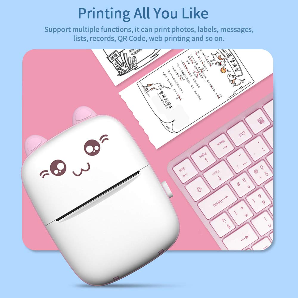 Fernuenx Mini Portable Printer, Wiresless Bluetooth Inkless Pocket Thermal Printer with 6 Rolls of Thermal Paper for Android iOS Phone,Gift for Notes Study Travel Photos Office Home,Pink