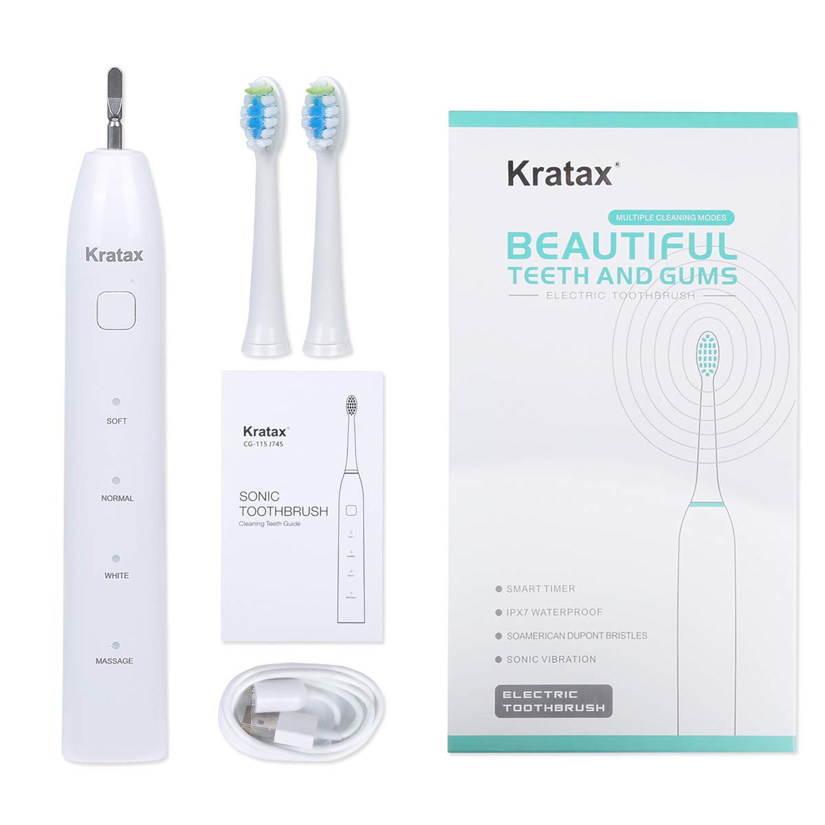 Kratax Sonic Electric Toothbrush for Adults, USB Rechargeable Toothbrush with 2 Replacement Heads, 4 Modes with 2 Minutes Smart Timer, IPX7 Waterproof -Modern Electric Toothbrush (White)