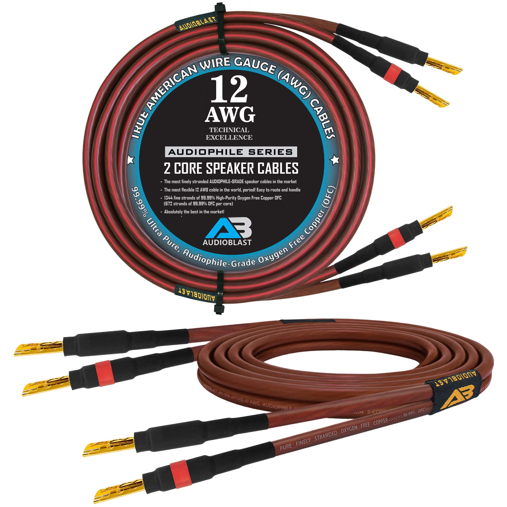 Audioblast HQ-SPK-AP2HD-12AWG - 10 Foot â 2 Core (99.99% OFC) Ultra-Flexible Audiophile Speaker Cable Pair w/Eminence Gold Plated Banana Plugs - 12 Gauge