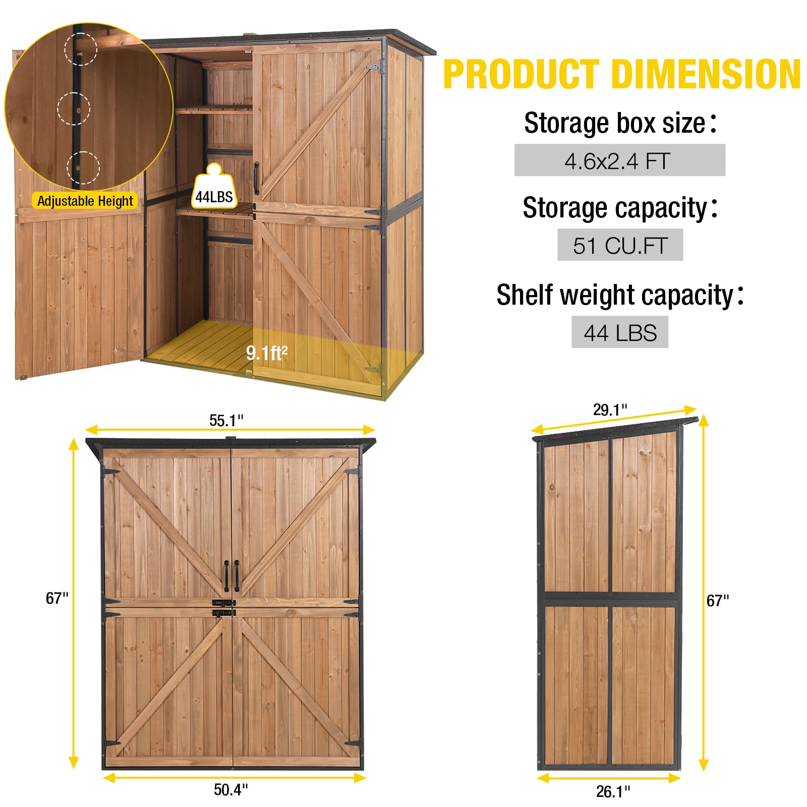 Aivituvin Outdoor Storage Shed Upgraded with Strong Metal Frame Garden Tool Shed Storage House Cabinet with Adjustable Shelfs and Wooden Floor 4.6 x 2.42FT (Brown)