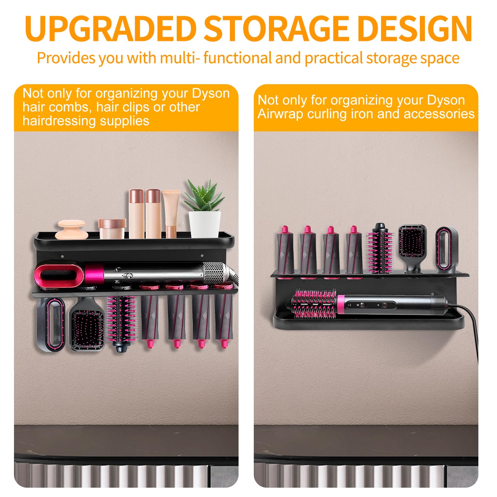 AIYIMIMI Storage Holder for Dyson Curling Iron, Hair Dryer Holder Wall Mounted Rack for Storage Dyson Airwrap Attachments, for Bathroom, Bedroom and Hair Salon, 2 Installation Methods