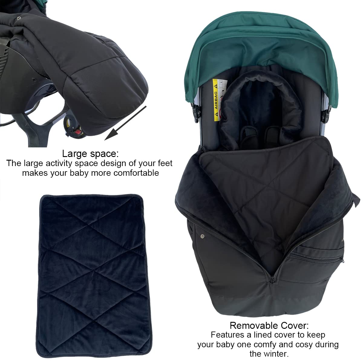 AICTIMO Universal Stroller Accessories Footmuff Compatible with Doona Car Seat & Strollers, Waterproof Warm Bunting Bag Suitable for 95% and Strollers Black