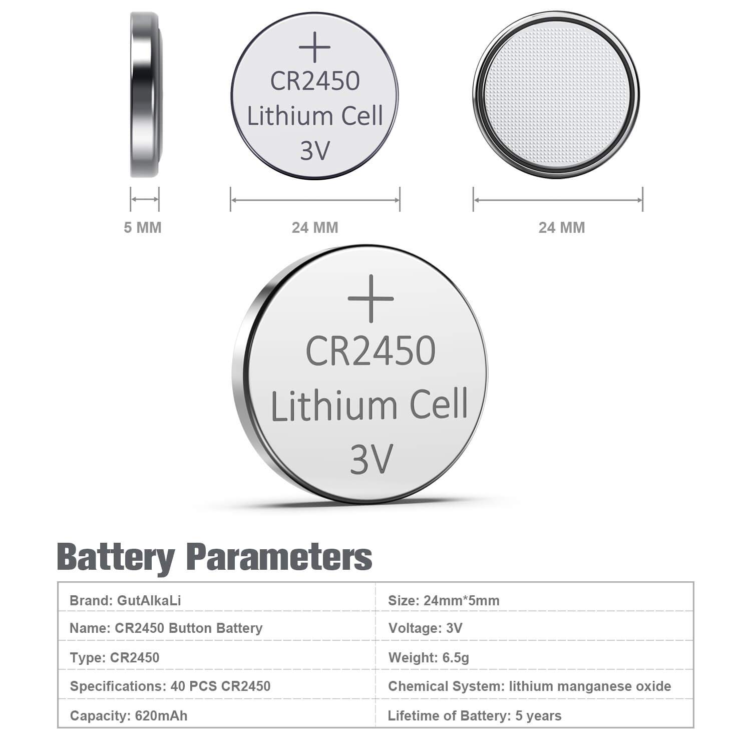 GutAlkaLi CR2450 3V Lithium Batteries - 40 Pack of High-Performance, Long-Lasting Coin Cell Batteries