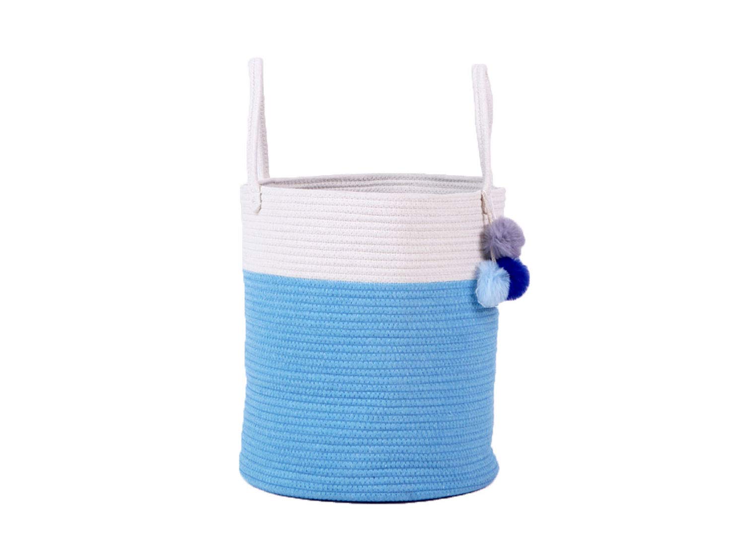 CraftEarth Blue Storage Basket for Nursery 40 by 35 cm - Woven Decorative Basket Large Natural Cotton Rope Basket with Handles