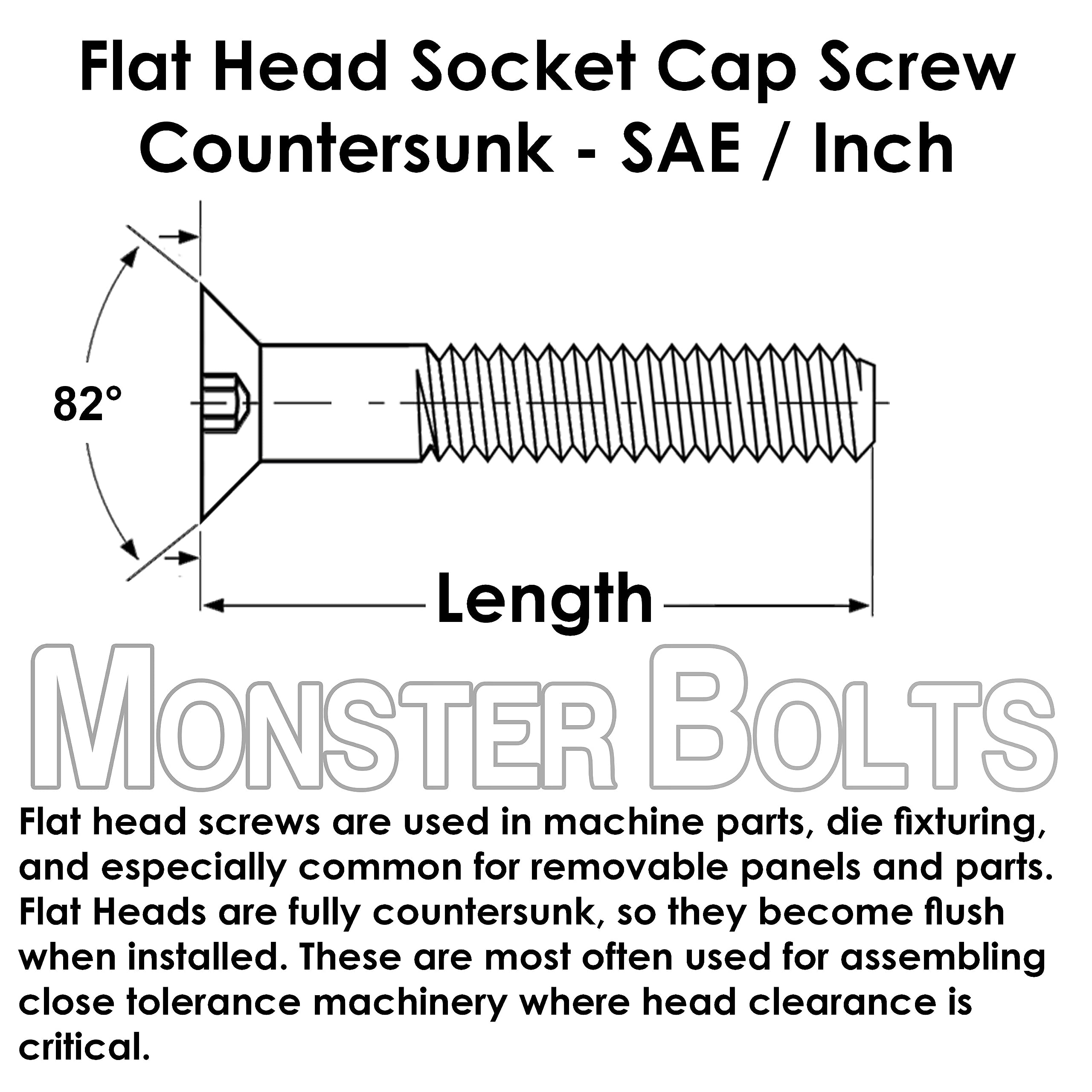 MonsterBolts - #6-32 x 3/8" Flat Head Socket Cap Screws, ASTM F8356, Alloy Steel, Black Oxide, 10 Pack
