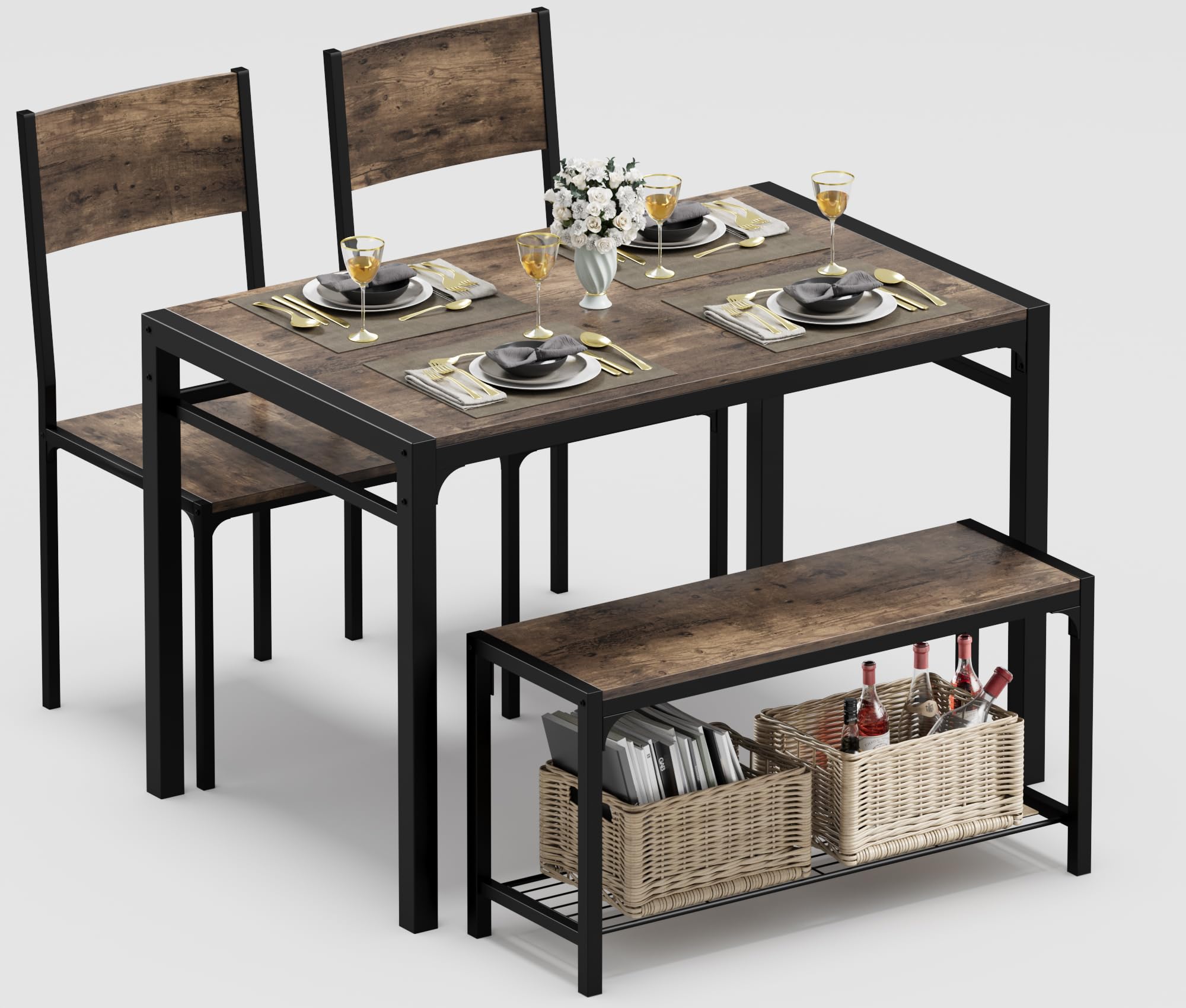JUMMICO 43.3" Dining Table Set for 4, Kitchen Table with Bench & 2 Chairs Modern Rectangular Metal Frame Dining Furniture Set for Small Space (Rustic Brown)