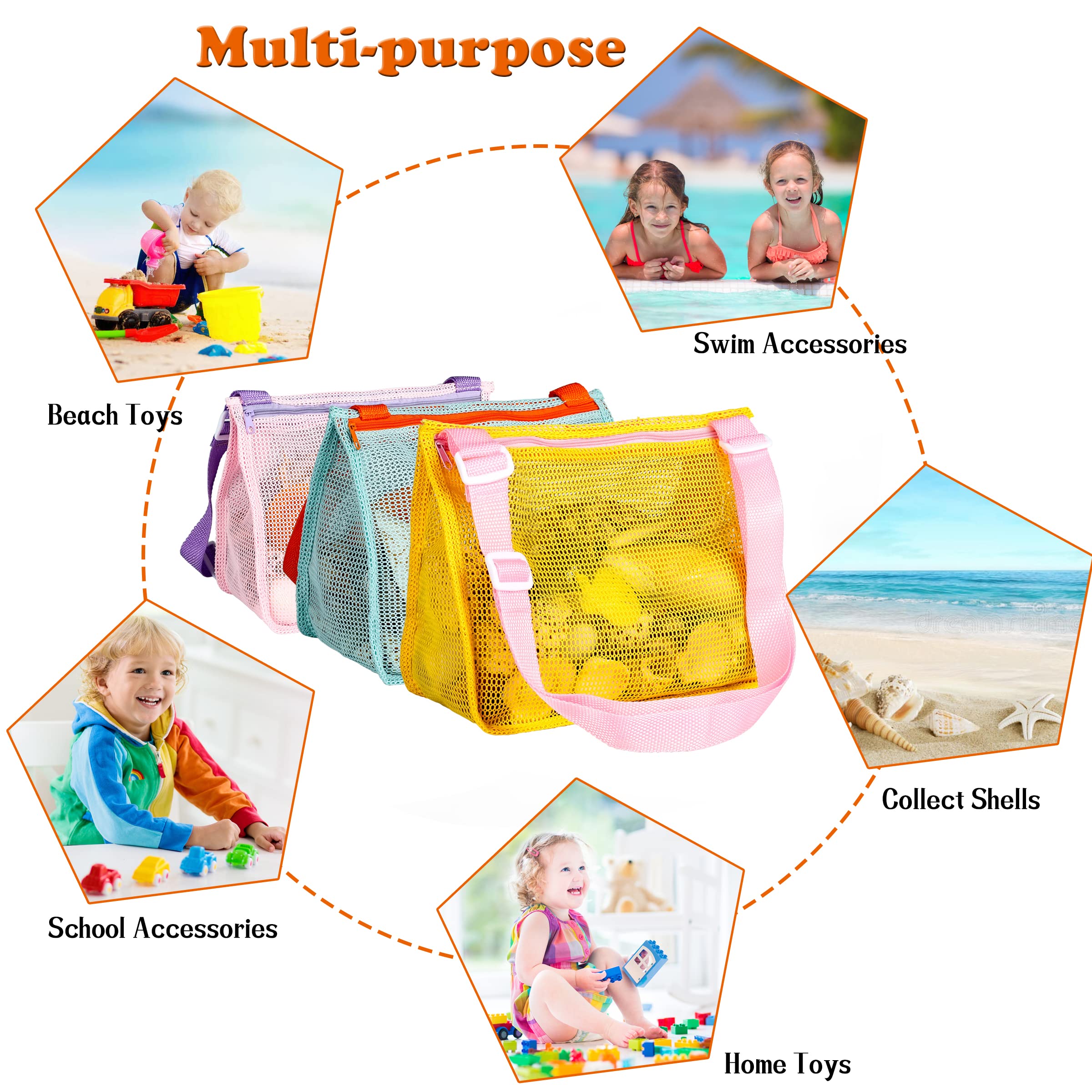 DAIKOYE Beach Toy Mesh Beach Bags - Kids Shell Collecting Bags Sand Toy Totes with Adjustable Carrying Straps–Perfect Fun for Kids Hunting Shells in The Sand (3 Pack)