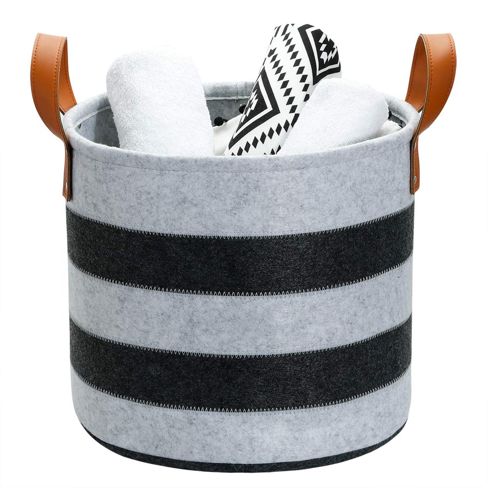 Round Storage Basket Medium Bin Towels Blanket Basket Foldable Laundry Baskets with PU Handles Felt Fabric Bins for Home, Living Room, Bathroom