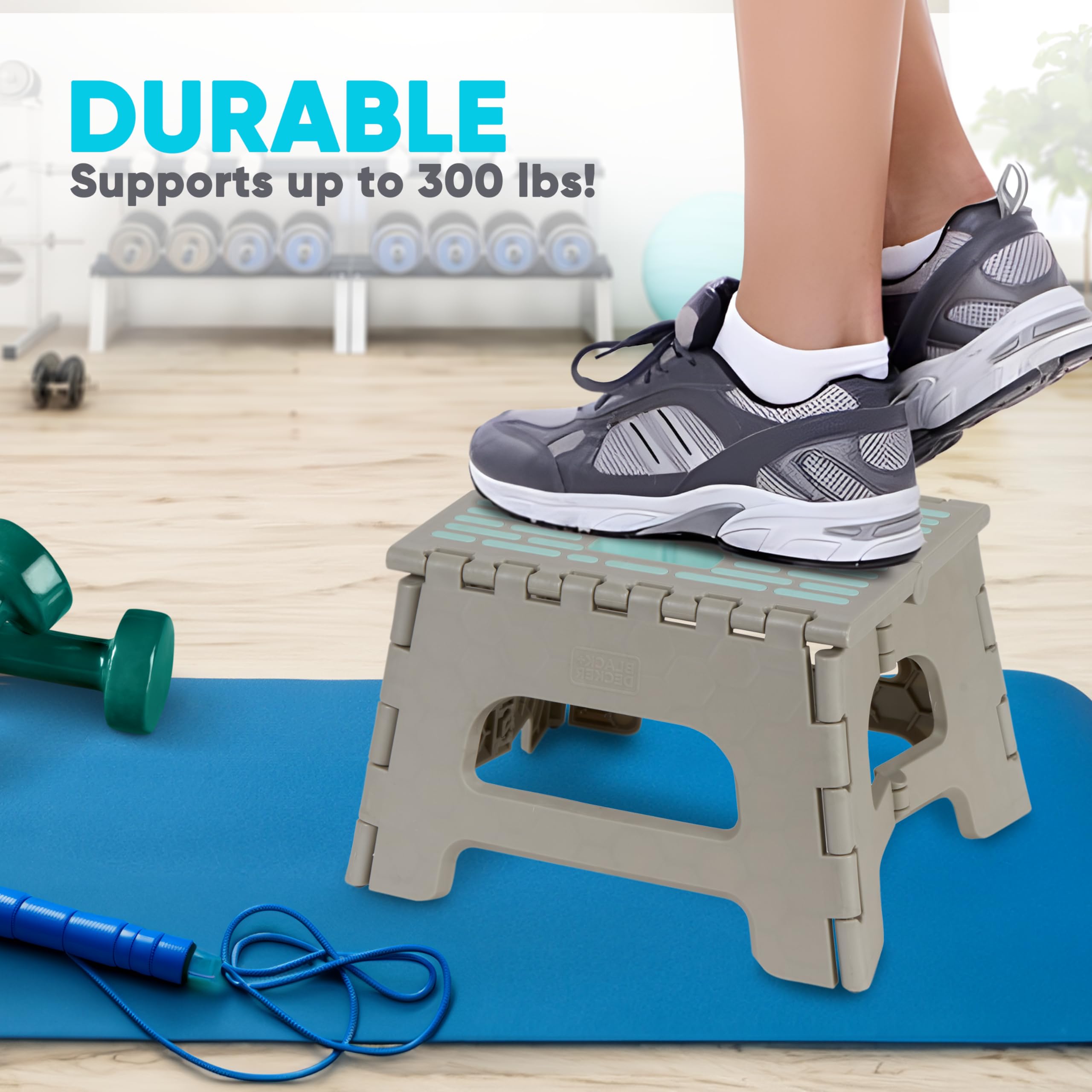 BLACK+DECKER 9'' Folding Step Stool, Foldable Collapsible Step Stools for Adults Holds Up to 330 lbs, Compact Non-Slip Surface with Carry Handle for Kitchen, Bedroom, Garden, Bathroom, Gray/Teal