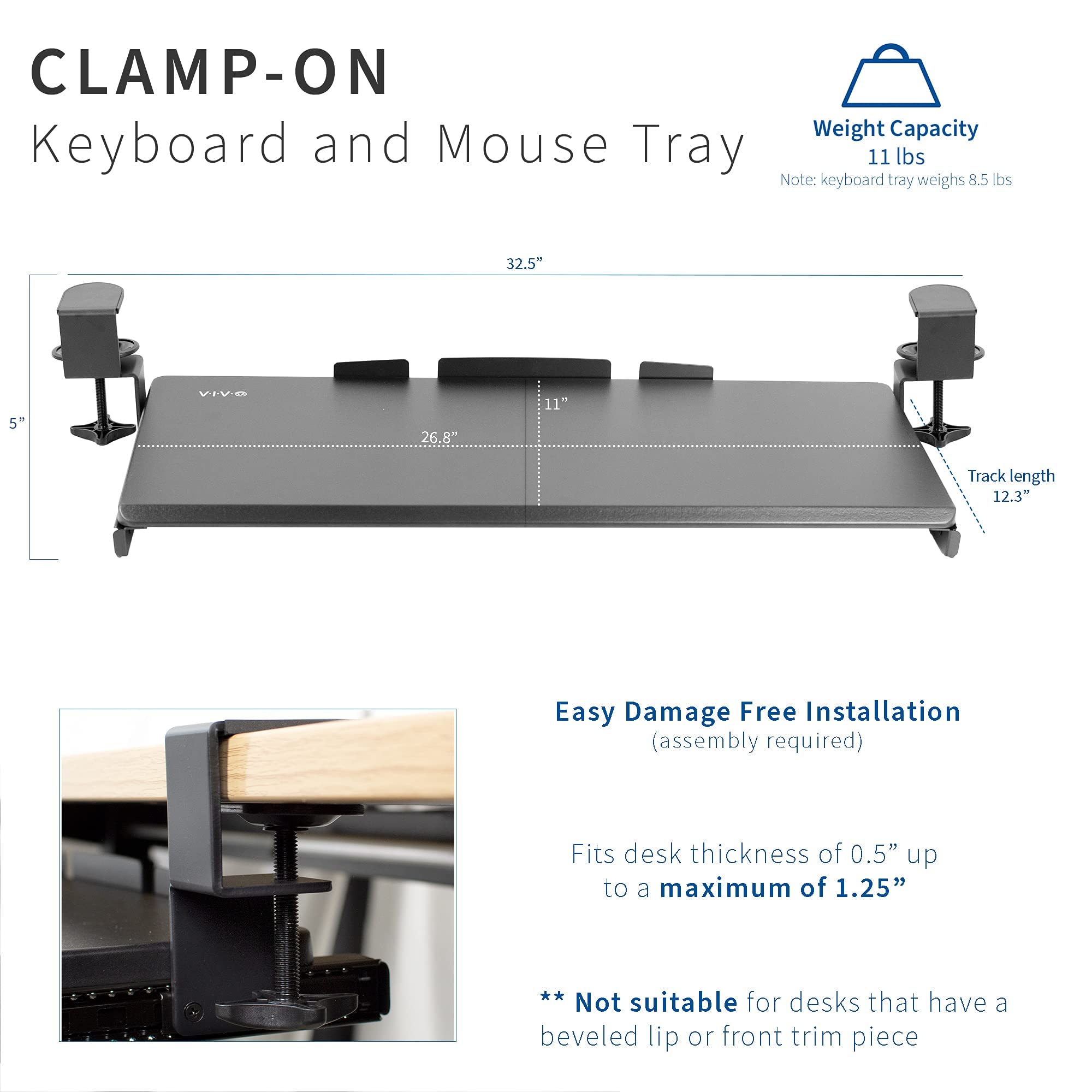 VIVO Dual 13 to 27 inch LCD Monitor Mount and Under Desk C-clamp 27 x 11 Keyboard Tray Kit, Heavy Duty, Fully Adjustable Stand and Slide-Out Platform (Bundle)