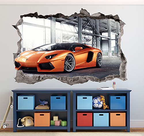 Lamborghini Wall Decal Smashed 3D Graphic Wall Sticker Art Mural Poster Kids Room Decor Gift UP29 (36"W x 24"H)