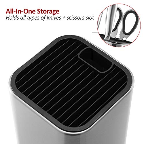 Laxinis World Universal Knife Block, Stainless-Steel Modern Rectangular Design with Scissors-Slot, Knife Holder Counter-top Storage, Holds 12 8”-Blade Knives, 9.1” by 4”(knives not included)