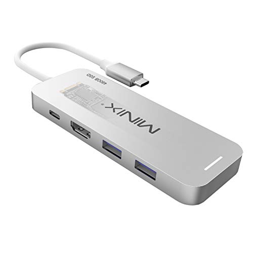 MINIX NEO Storage, 480GB Aluminum USB-C Multiport Solid State Drives Storage Hub with Display Output 4K @ 30Hz, 2 x USB 3.0 and USB-C for Power Delivery, Compatible for Apple MacBook. Silver