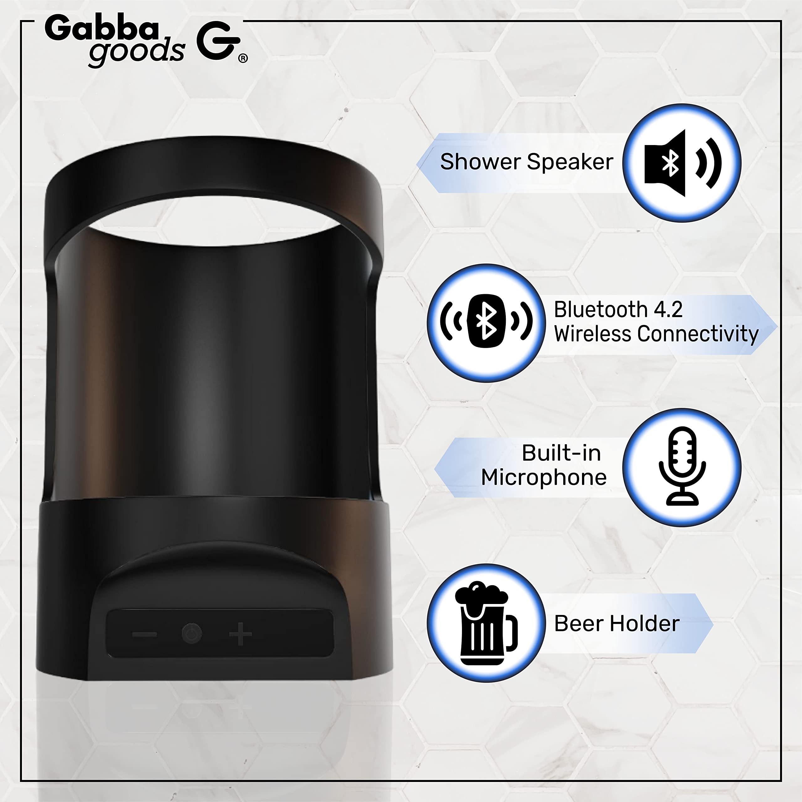 Gabba Goods Shower Bluetooth Speaker with Beer/Soda Can Holder - Built-in Microphone Handsfree - Waterproof, IPX7, 4 Hours of Playtime, Suction Cup for Showers