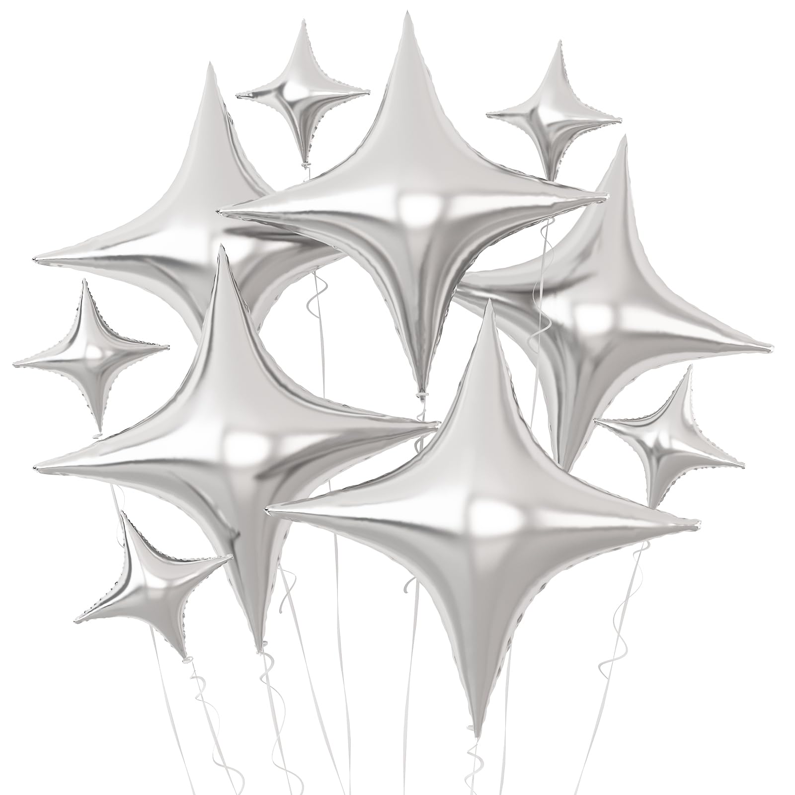 Silver Star Balloons,10Pcs Quadrangle Star Balloons,Four Angle Star Shaped Helium Mylar Balloons for Brithday,Engagement,Graduation,Wedding Party Decorations