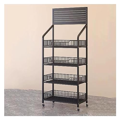 Convenience Store Shelf Cart 4 Tier, Supermarket Portable Display Rack for Snacks/Drinks/Can/Toys, with Hooks & Wheels, Commercial Home, Carbon Steel Frame (Color : Black-4 Tier, Size : 50x27x140cm