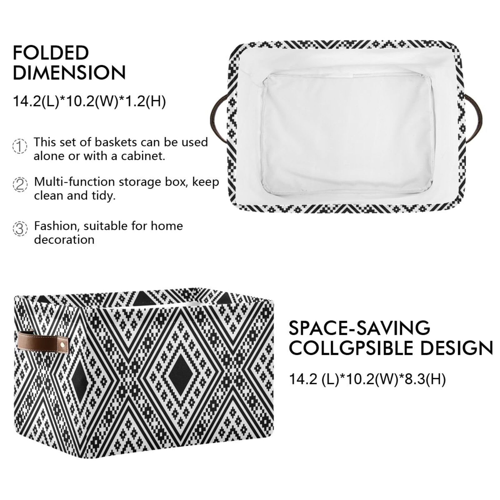 NFMILI Black Flowers Pattern Storage Basket, Fabric Storage Cubes Bins, Open Home Storage Bins with Handles, Foldable Cubes Closet Organizer Boxes 14.2 x 10.2 x 8.3 in (Large - 2 Pack)