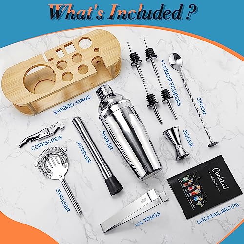 Cocktail Shaker Set with Bamboo Stand, 12-Piece Bartender Kit with Stainless Steel Bar Accessories, Gifts for Men Dad Cocktail Lovers, Home Essentials Bar Set Drink Mixer Set with Cocktail Recipes