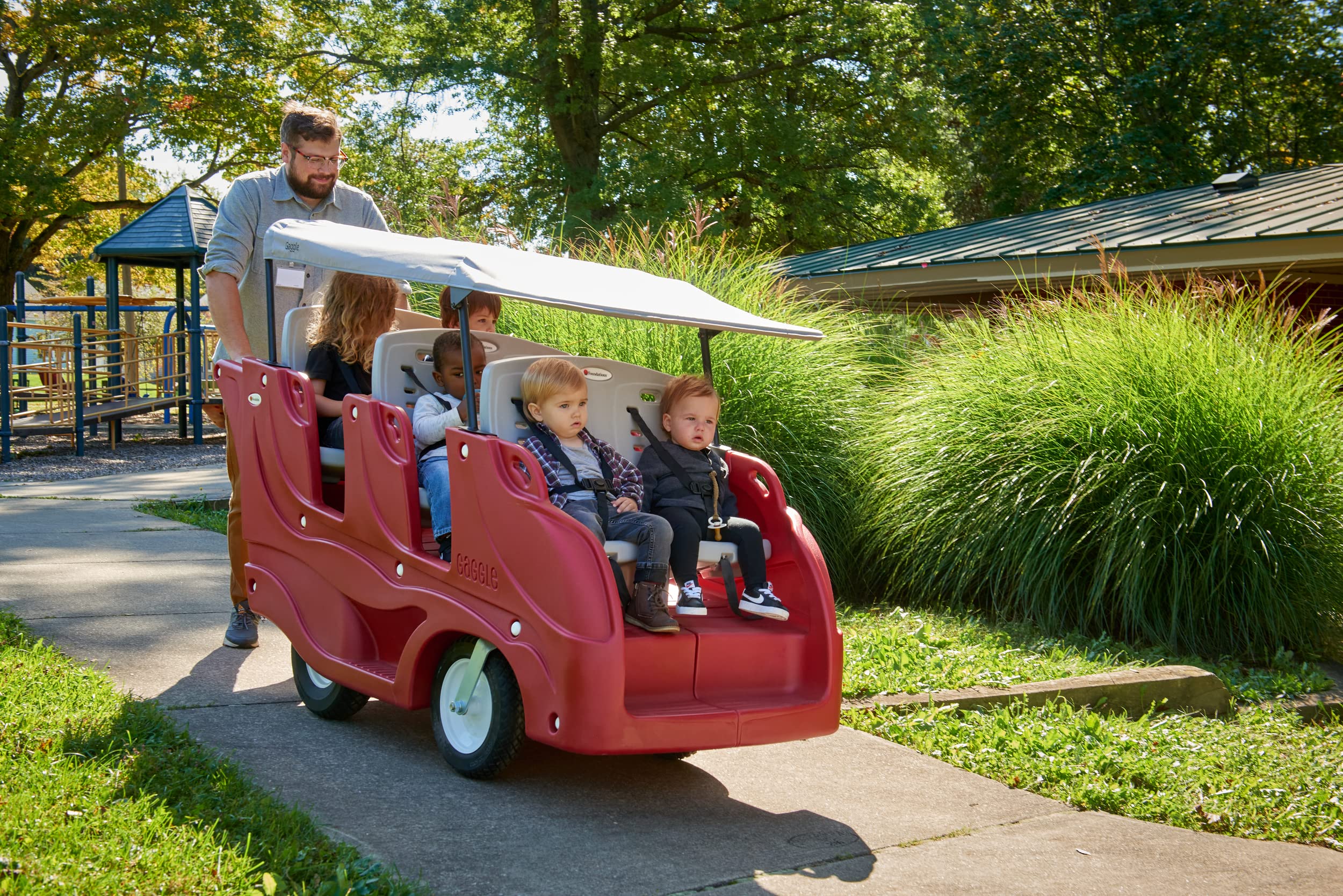 Gaggle by Foundations Parade 6 Seat Buggy Stroller with 5 Point Harness for Added Safety, Multi-Child Buggy Stroller with Soft Stop Brake, Fits Through Standard Doorways, Made in The USA (Red/Gray)
