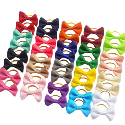 Chenkou Craft New 40pcs(20pairs) Puppy Yorkie Dog Hair Bow Pure Ribbon with Rubber Band 40mm Pet Grooming Products Mix Colors Varies Patterns Pet Hair Bows (Pure Ribbon Rubber Bow)
