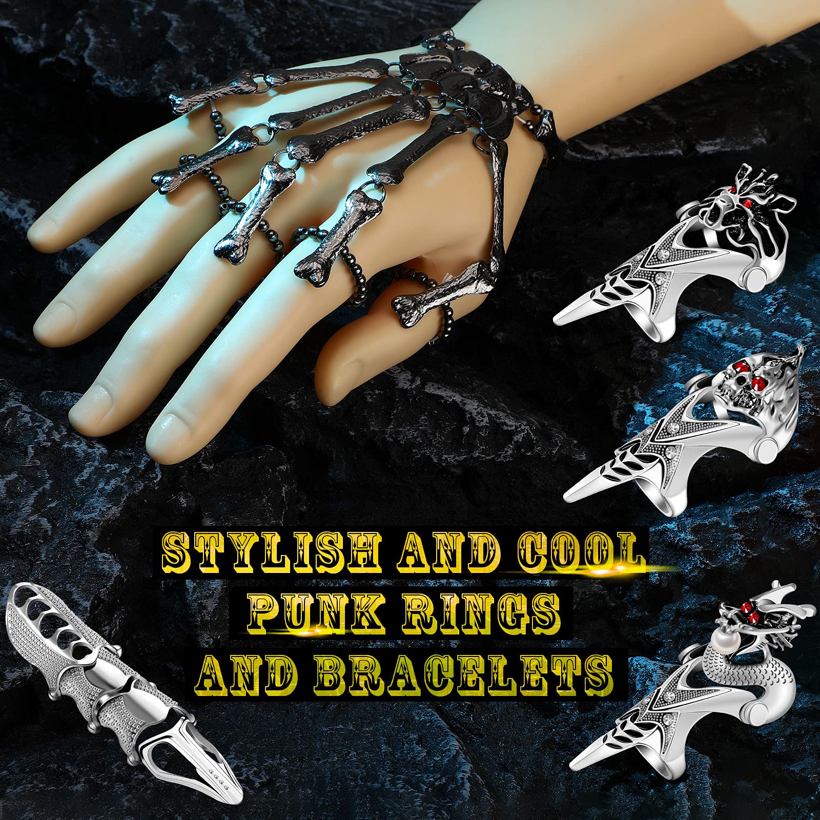 5 Pieces Full Finger Ring Punk Wristband Skull Fingers Hand Bracelet Skull Finger Skeleton Joint Bracelet Knuckle Full Ring for Halloween Accessories (Black)