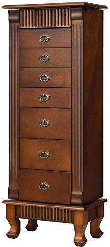 HOMGX Cabinet Chest, Makeup Mirror and Top Divided Storage Organizer, Large Standing Jewelry Armoire with 7 Drawers, 2 Swing Doors, 12 Necklace Hooks