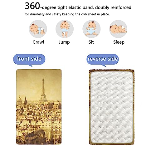 Eiffel Tower Themed Fitted Mini Crib Sheets,Portable Mini Crib Sheets Soft Toddler Mattress Sheet Fitted - Great for Boy or Girl Room or Nursery,24β x38β,Brown