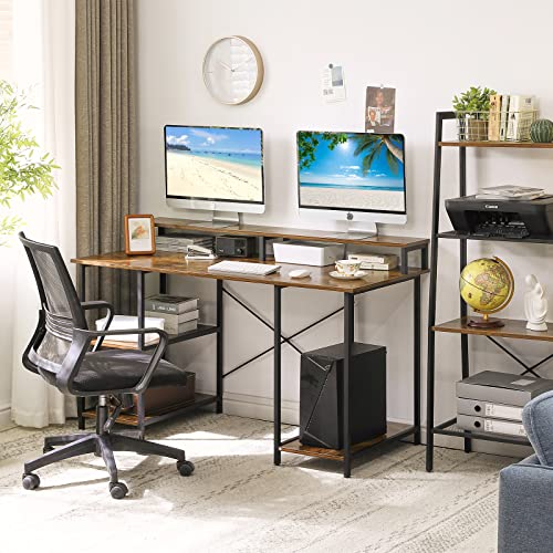 IBUYKE 55" Computer Desk, Office Table, Gaming Workstation with Storage Shelves/Monitor Stand, Study Table for Home Office, Space-Saving, Easy to Assemble, Rustic Brown and Black UTMJ056H