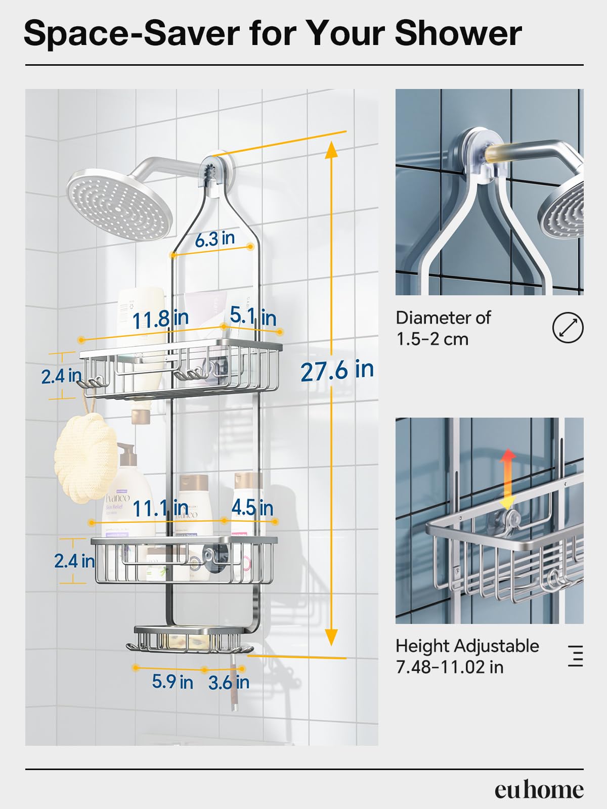 Adjustable Shower Caddy Hanging, EUHOME Never Rust Shower Organizer, Aluminum 3-Tier Large Capacity Shower Caddy Over Showerhead with Hooks, Soap/Razor Holder