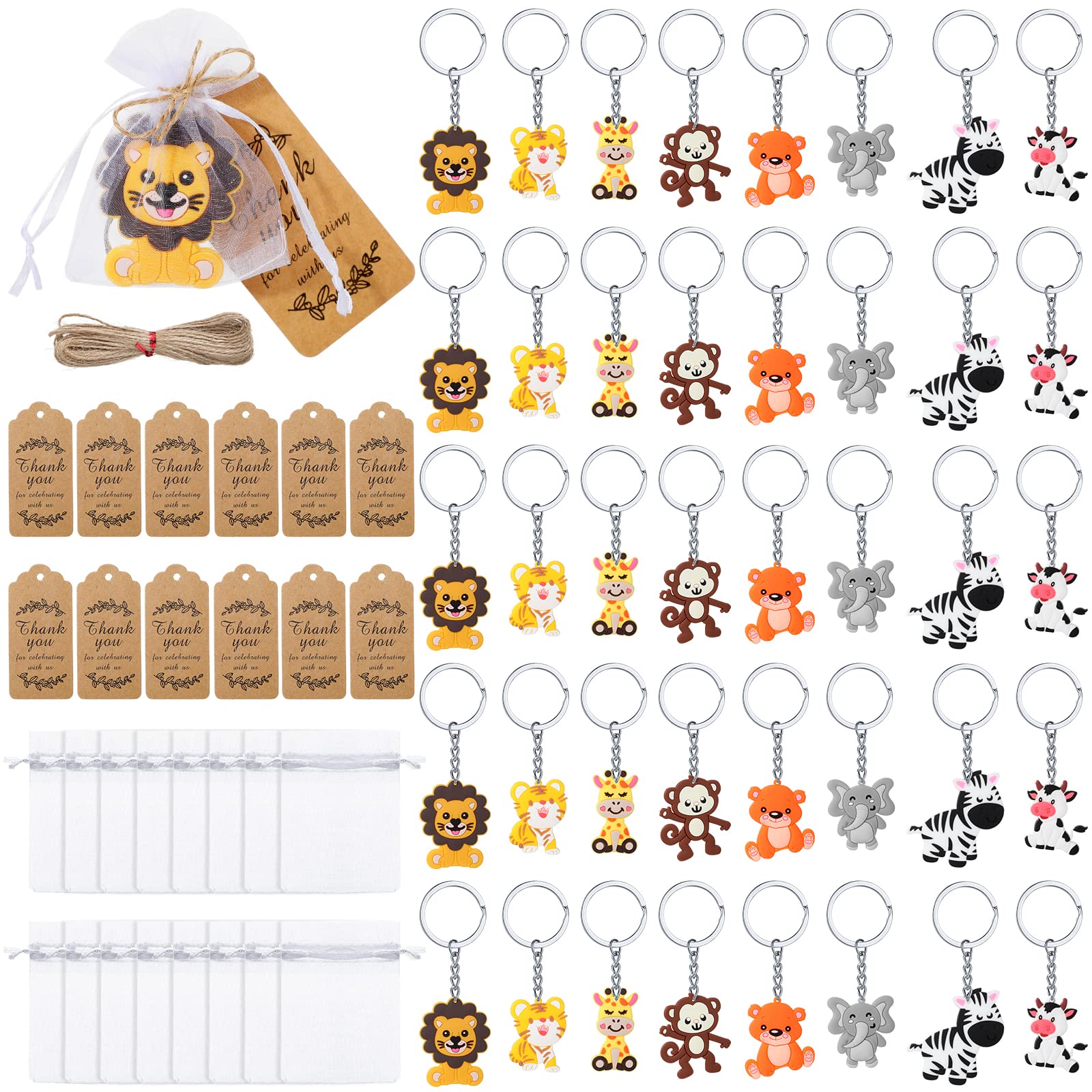 HyDren 48 Set Safari Party Favors for Guests Jungle Animal Keychains Gifts Bulk Thank You Tags with Organza Bags for Baby Shower Souvenirs Zoo Birthday Party Gifts