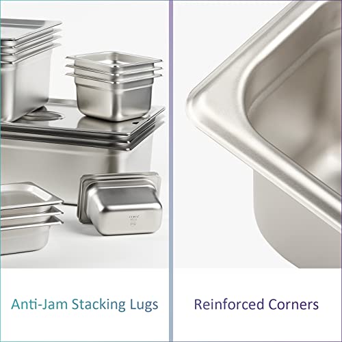 CURTA 6 Pack Anti-Jam Hotel Pans with Lids, 1/6 Size 6 Inch Deep, NSF Commercial 18/8 Stainless Steel Chafing Steam Table Food Pan with Covers