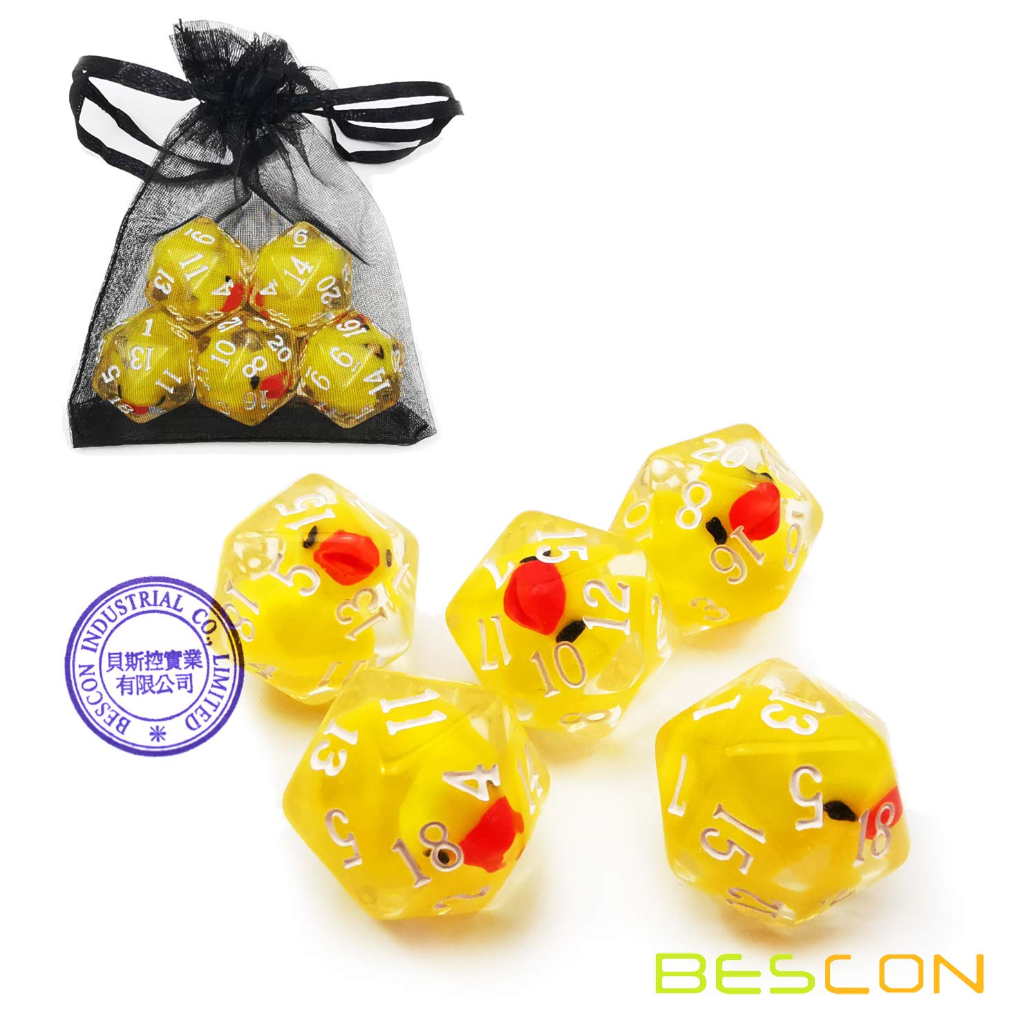 BESCON DICE Yellow Duck 20 Sides Dice Set of 5, Duck D20 5pcs Set