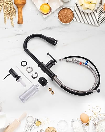 Antique Oil Rubbed Bronze Kitchen Sink Faucet with Soap Dispenser, DAYONE Pull Down Farmhouse Faucet for Sink with 3 Mode Sprayer, Single Handle High Arc, DAY-APS136-ORB