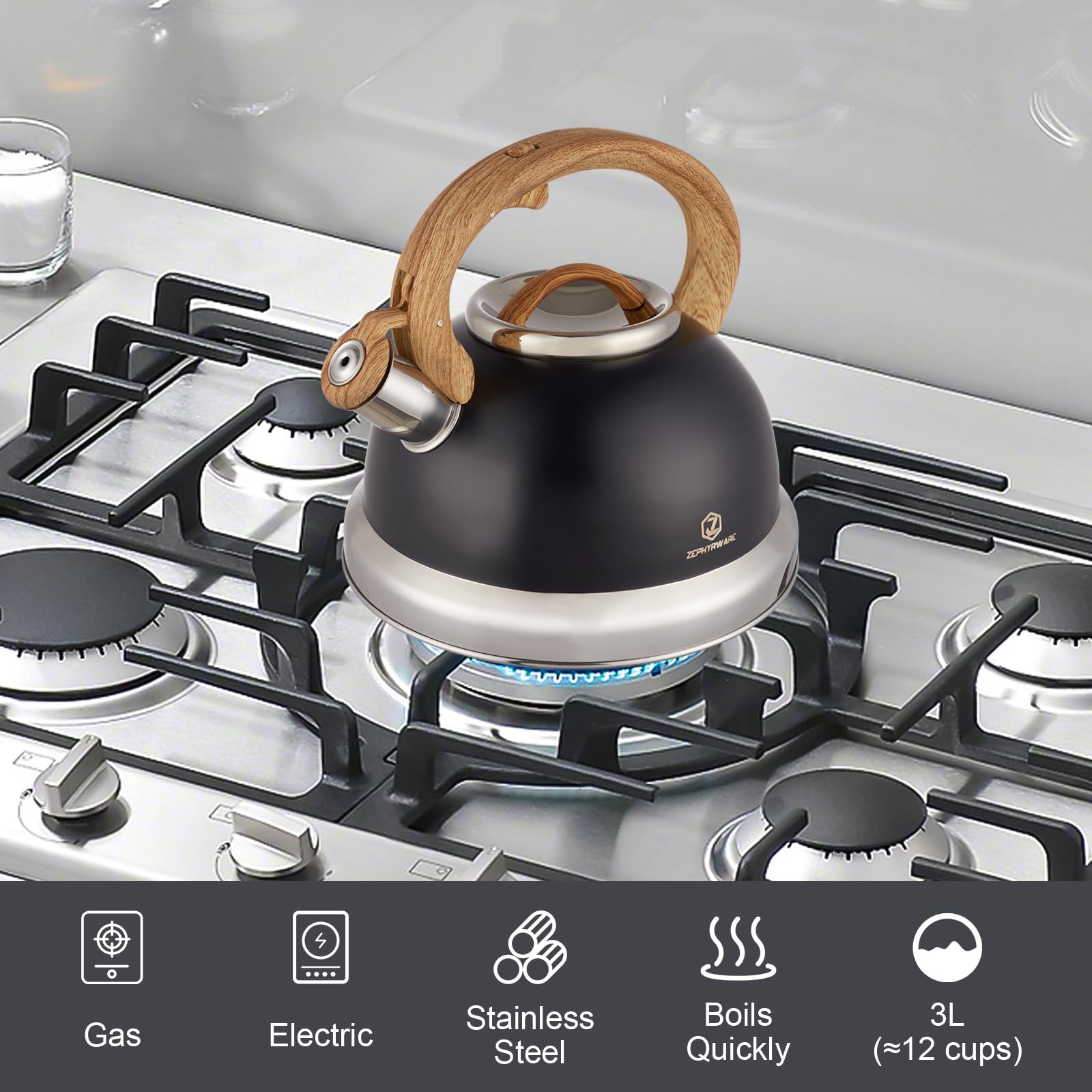 Tinlon Enamel Tea Kettle, 3.1 Quart Whistling Tea Pot for Stove Top, Food Grade 304Stainless Steel Teapot with Wood Pattern Handle for Coffee, Tea, Milk etc