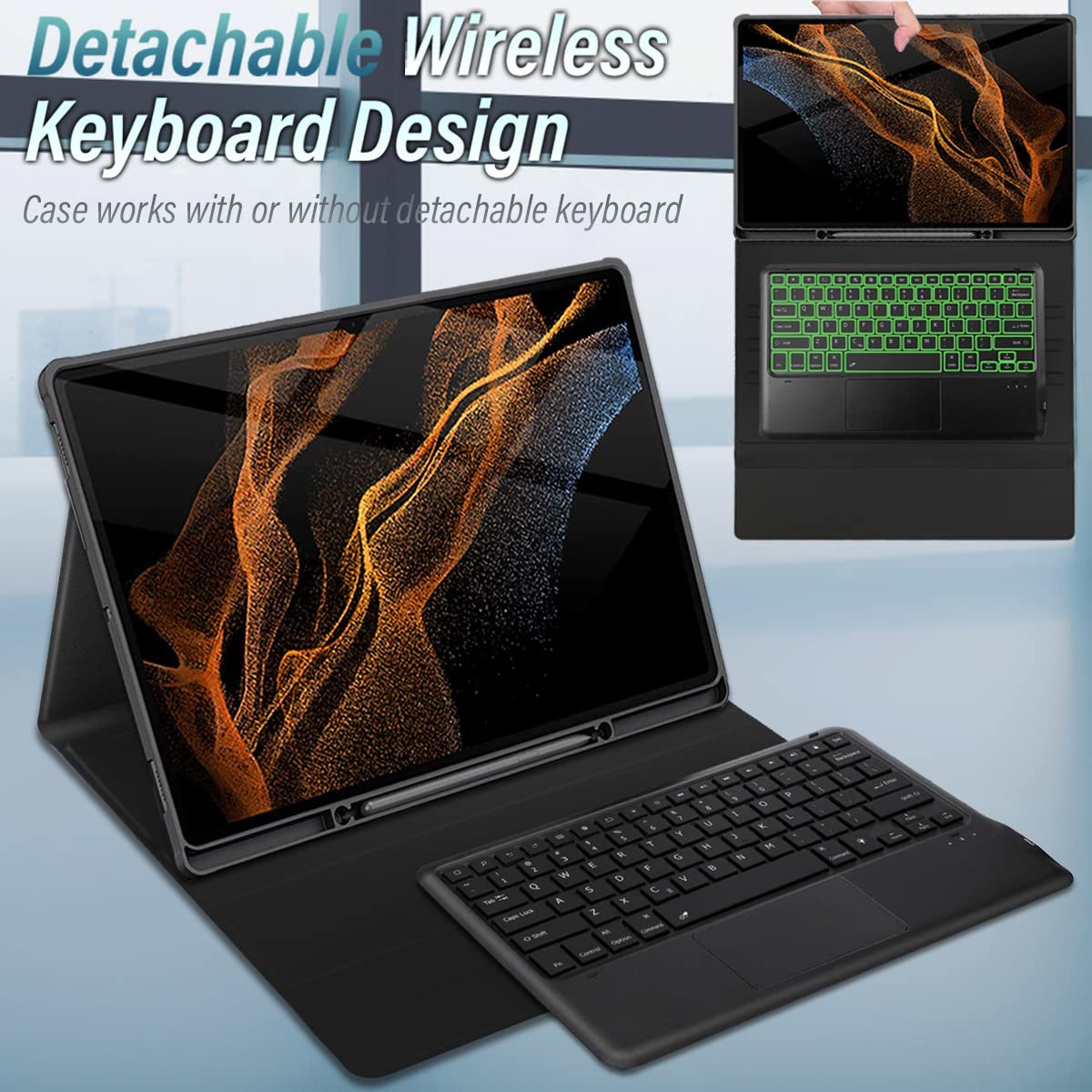 REAL-EAGLE Touchpad Keyboard Case for Samsung Galaxy Tab S8 Ultra 2022 14.6 Inch (SM-X900/X906), 7 Colors Backlight Wireless Keyboard PU Folio Stand Cover Case for Galaxy Tab S8 Ultra (Black)