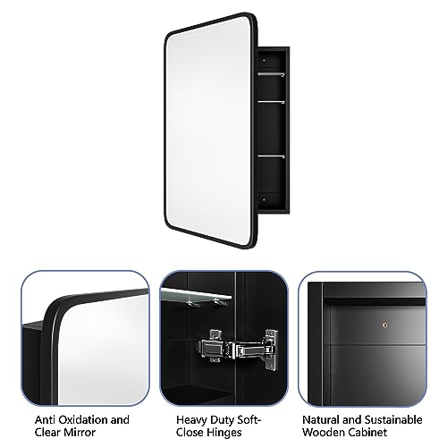 AGDULL Vintage-Style Bathroom Wood Wall Cabinet with Black Metal Frame Curved Mirror, Recessed Medicine Cabinet, Bathroom Storage Cabinet, Black, 17.5x29 Inch