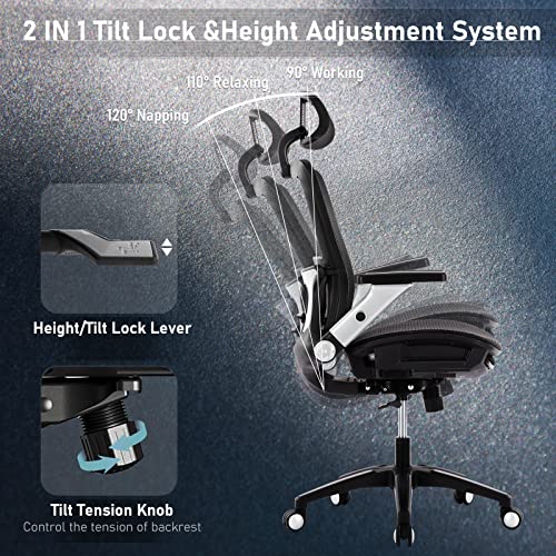 Ergonomic Mesh Office Chair with Footrest, High Back Computer Executive Desk Chair with Headrest and 4D Flip-up Armrests, Adjustable Tilt Lock and Lumbar Support-Black