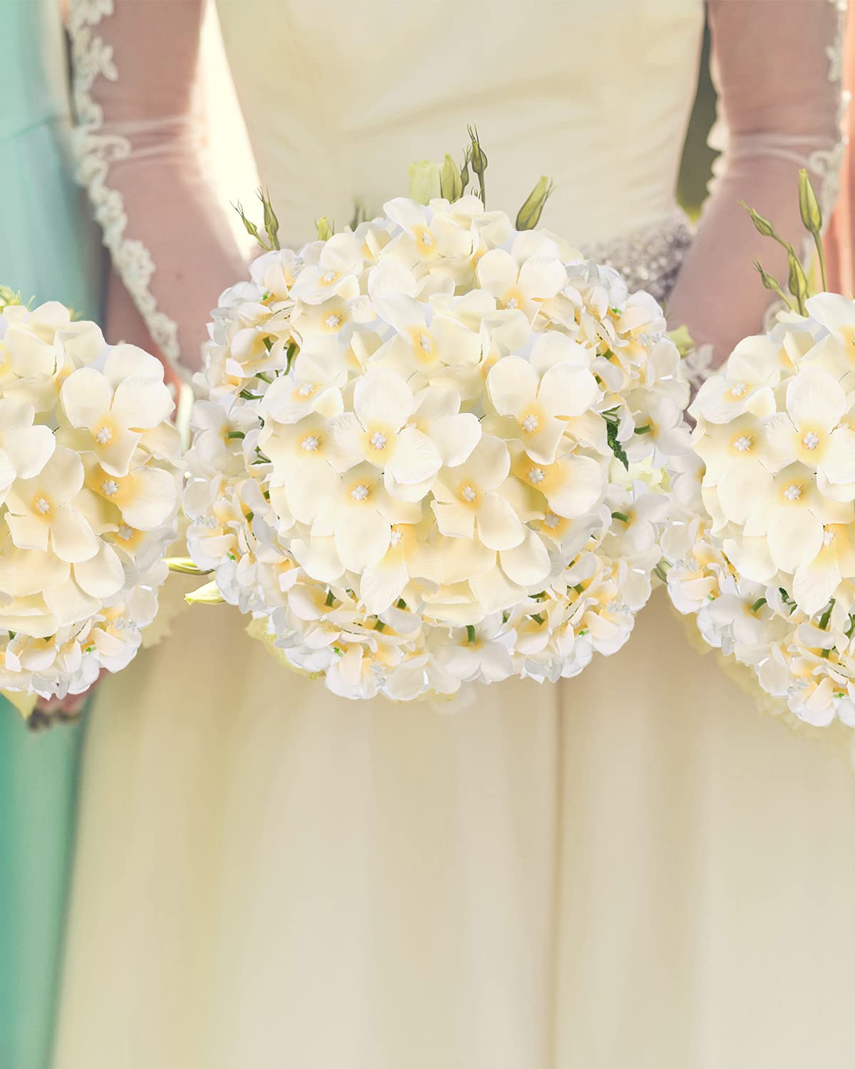 Auihiay 12 Pieces Artificial Hydrangea Flowers Silk Hydrangea Heads with Stems for Wedding Home Garden Party Decoration (Champagne)