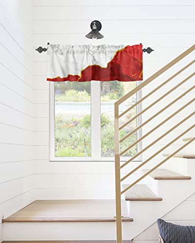 Curtain Valance for Windows Red White Gradient Marble Gold Edge Kitchen Valances Rod Pocket Short Curtains,Simple Abstract Art Window Treatment Panel for Living Room Bathroom Bedroom 60x18in