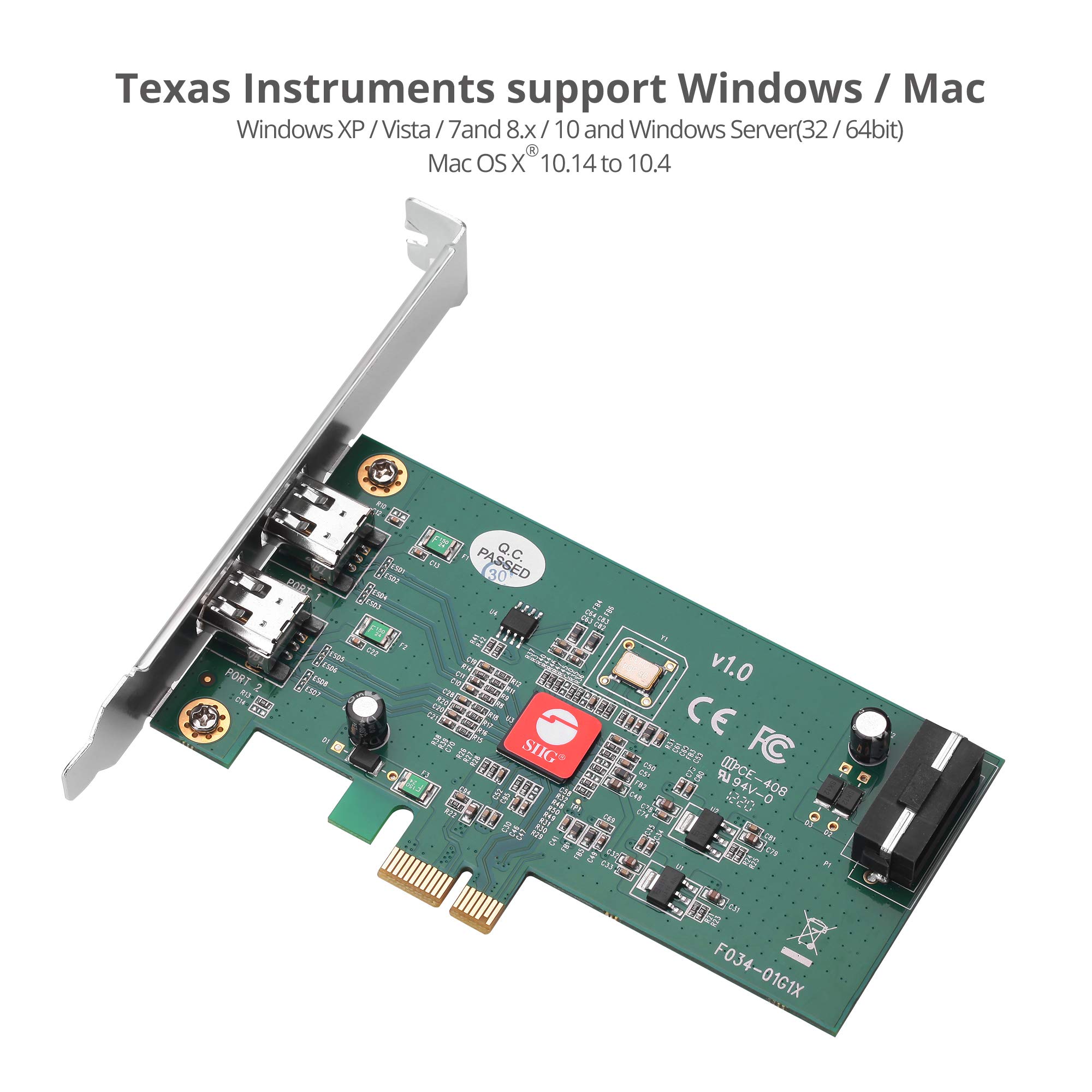 SIIG Dual Profile 2-Port FireWire 400 PCIe Card, PCIe 1.1 x1 to Dual 6-pin 1394a Port, 400Mbps, TI XIO2213BZAY Chipset, for Windows & Mac, Dual-Profile Brackets (NN-E20211-S1)